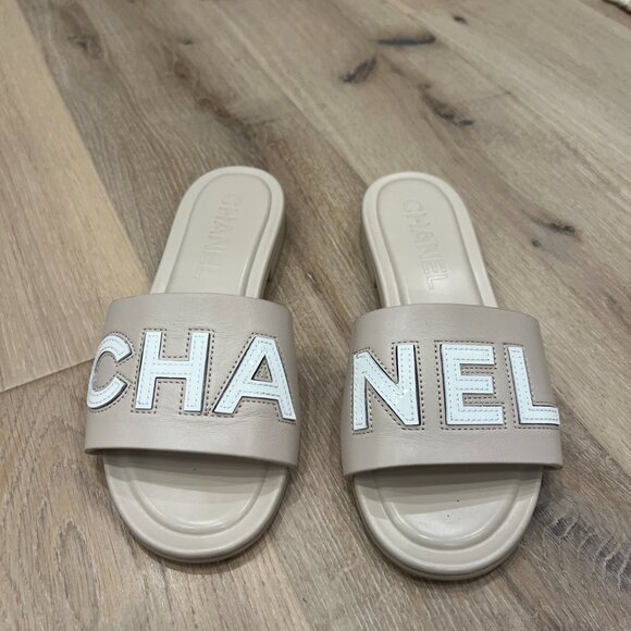 CHANEL | Shoes | Chanel Beige Slides Sz 345 Cha Nel Logo Beige Leather ...